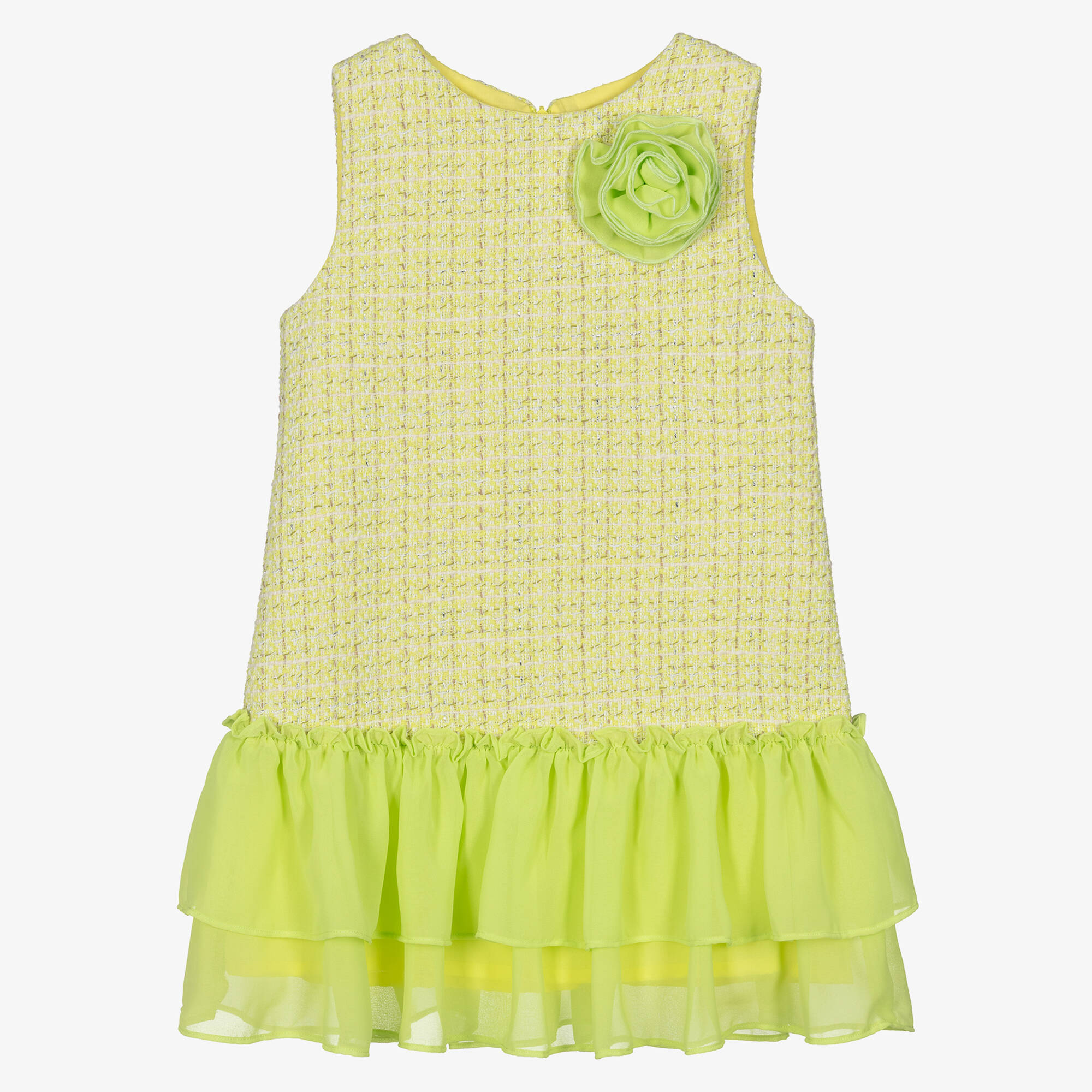 Patachou - Girls Lime Green Tweed & Crêpe Chiffon Dress | Childrensalon