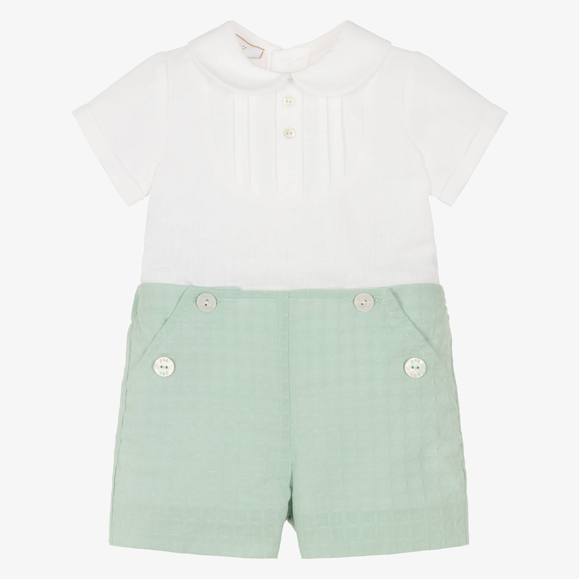 PAZ Rodríguez - Baby Boys Ivory & Aqua Green Linen Buster Suit ...