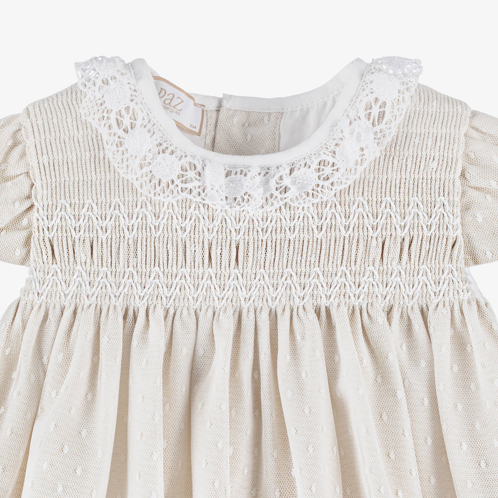 PAZ Rodríguez - Baby Girls Beige Cotton & White Tulle Dress with Lace ...