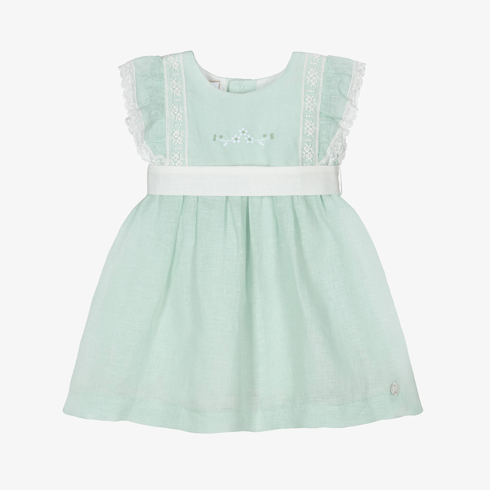 PAZ Rodríguez - Baby Girls Green Linen Dress with Lace Trim | Childrensalon