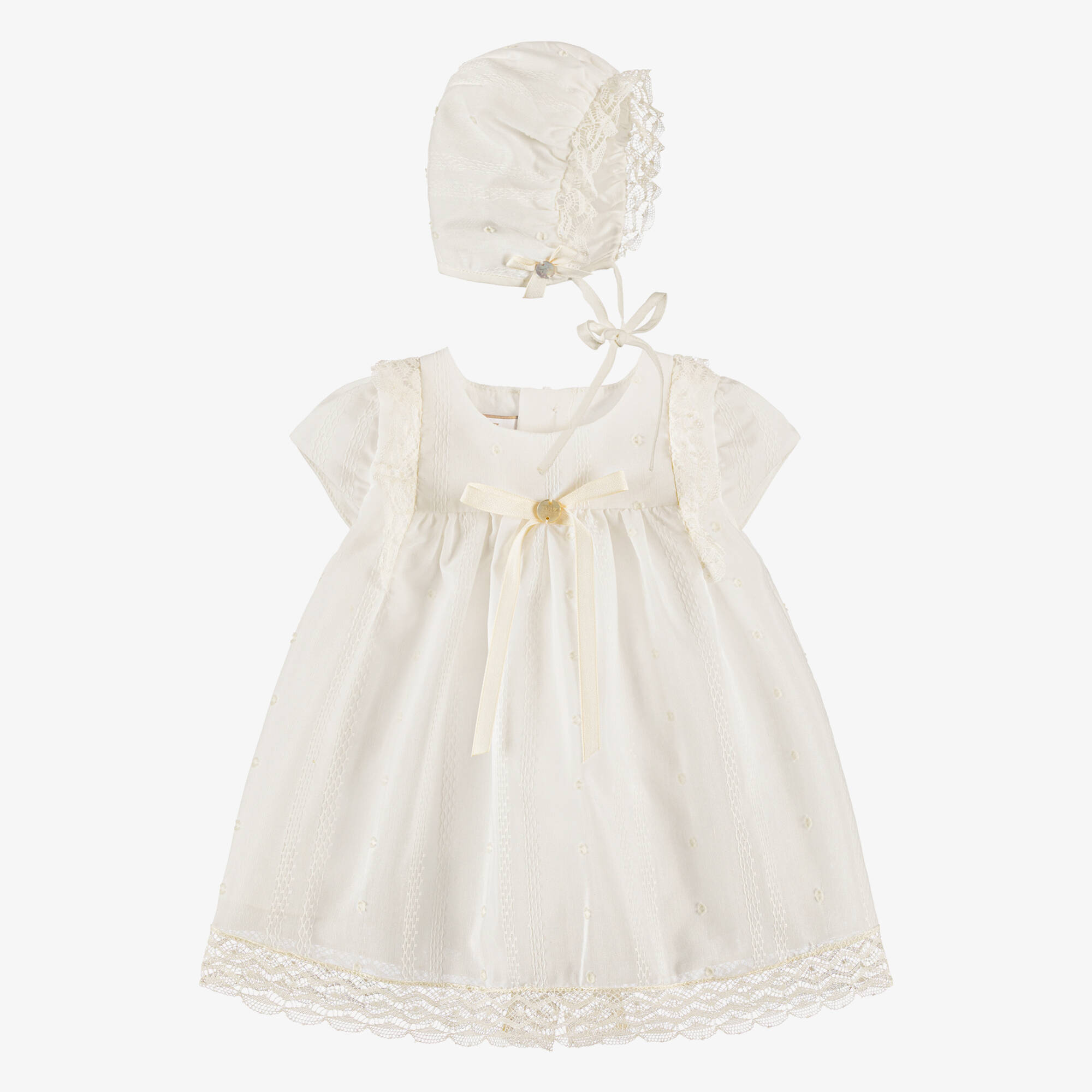 PAZ Rodríguez - Baby Girls Ivory Lace Trimmed Dress & Bonnet Set ...