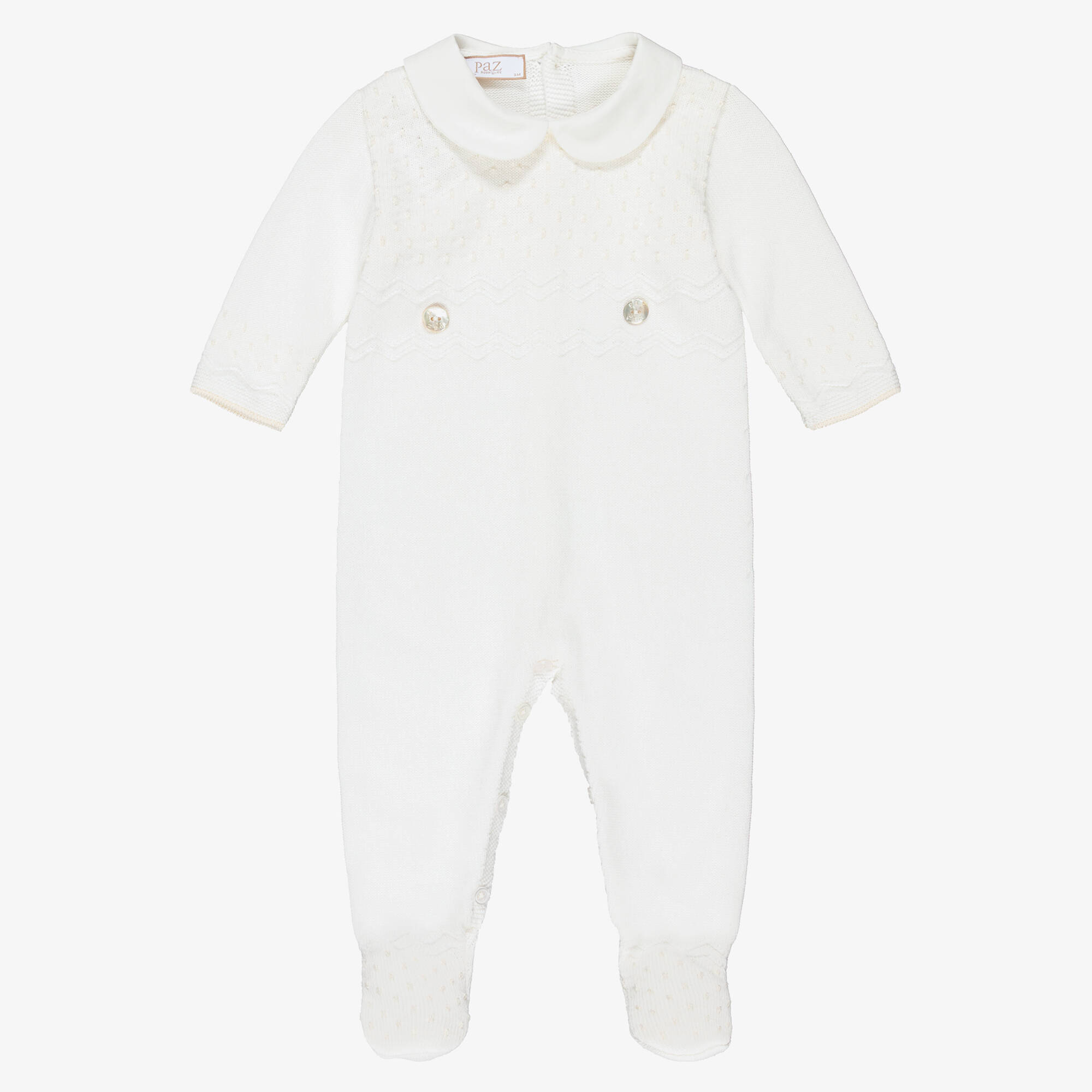 PAZ Rodríguez - Ivory Cotton Knit Babygrow with Knot Stitch Detail ...