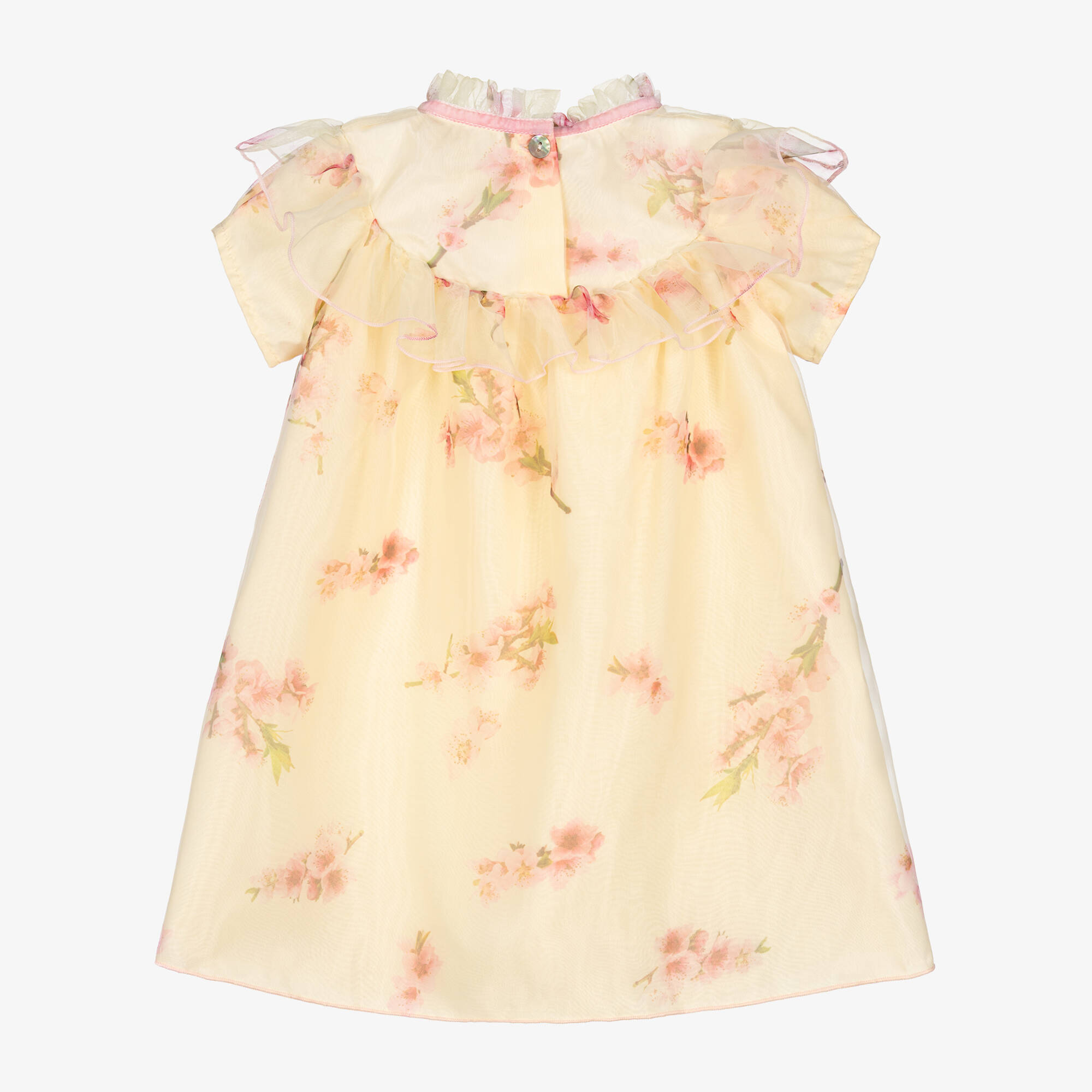 Phi Clothing - Girls Pale Yellow Organza Dress with Pink Blossom Print ...