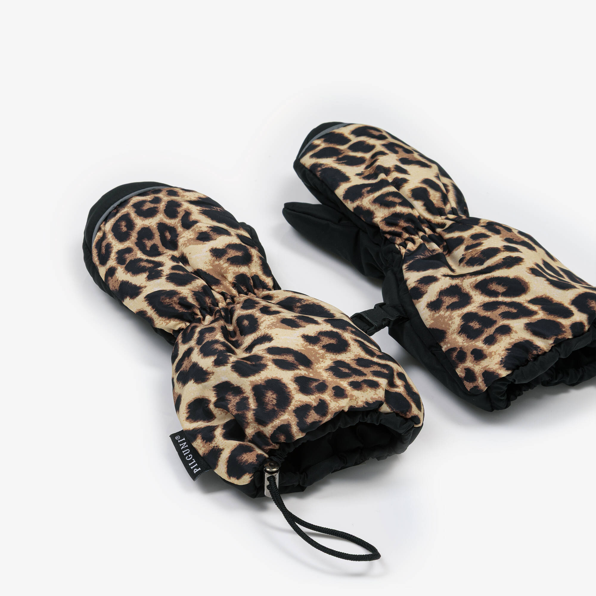 Pilguni - Girls Black & Beige Leopard Print Ski Mittens | Childrensalon