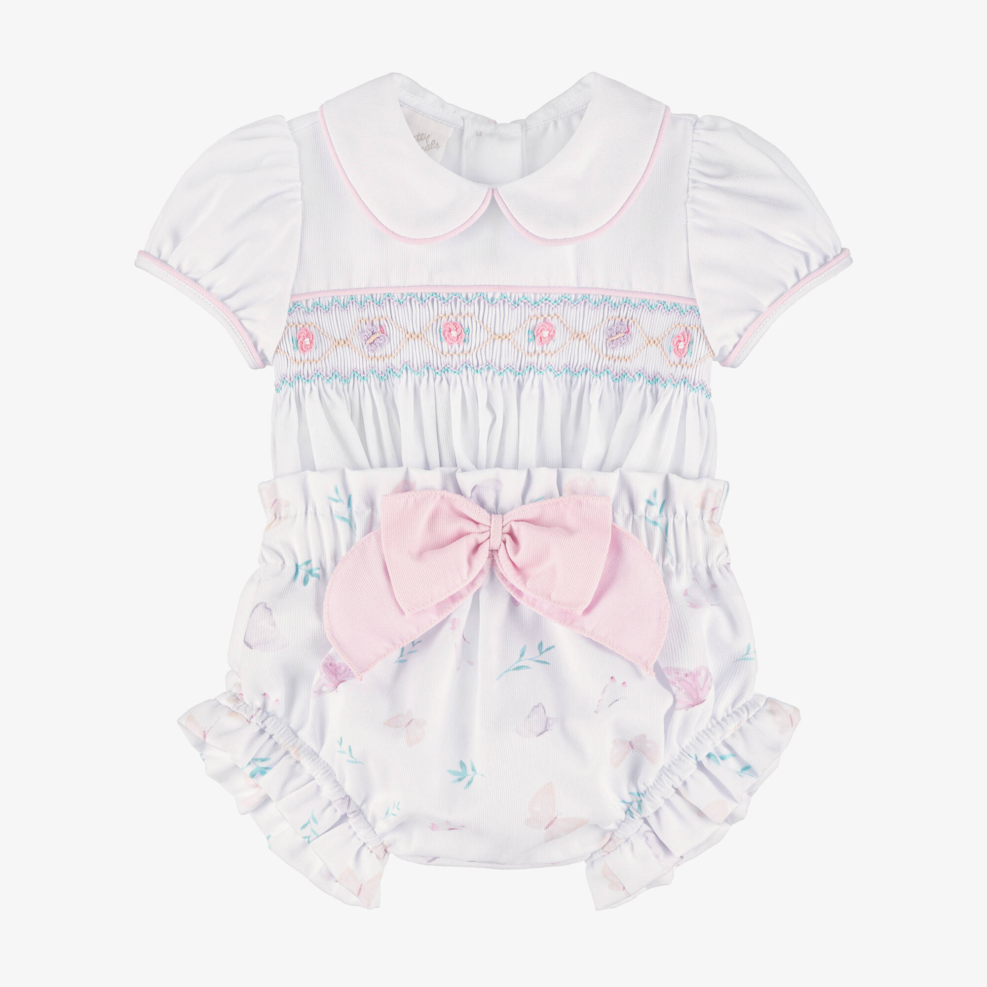 Pretty Originals - Girls White Hand-Smocked Buster Suit | Childrensalon