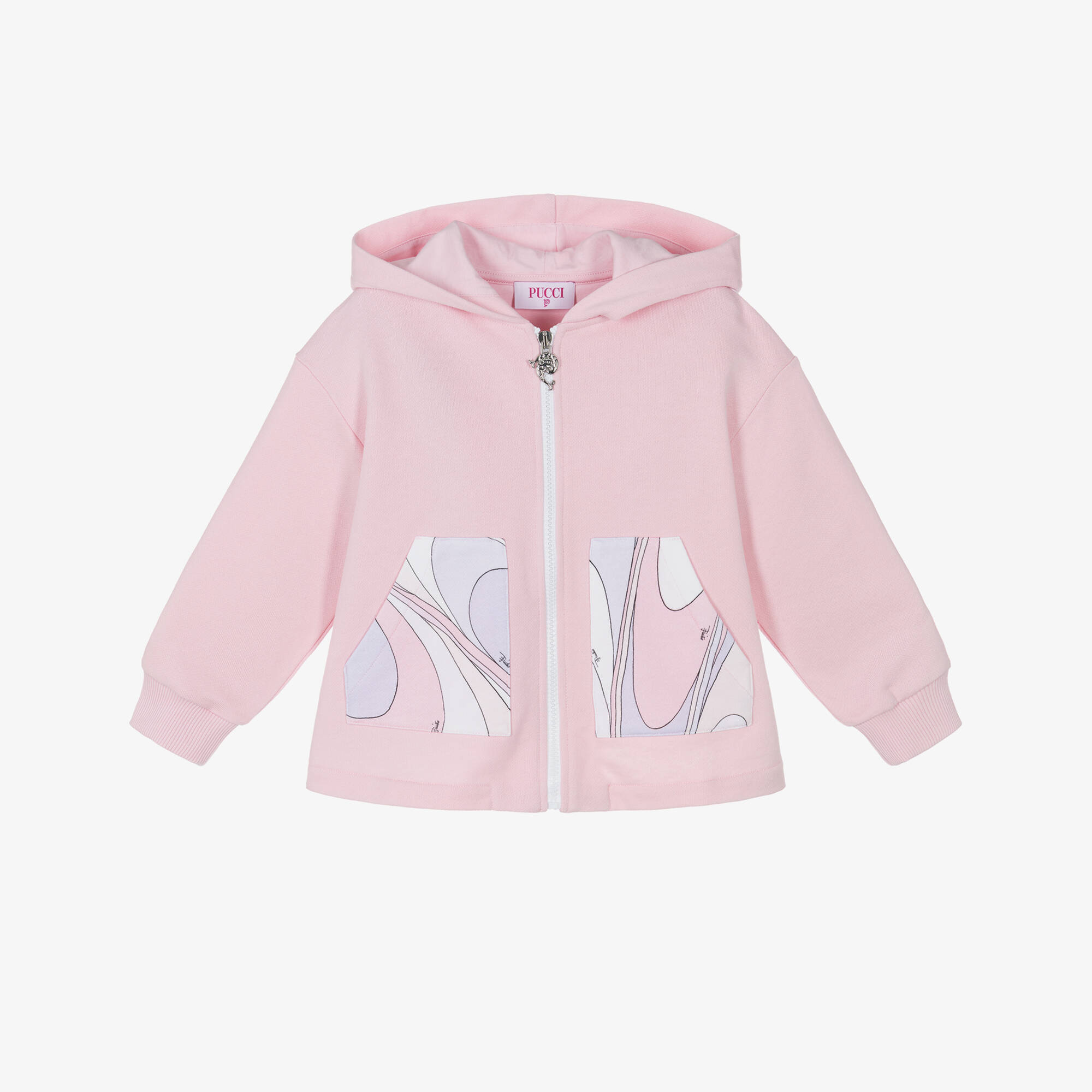 PUCCI - Girls Pale Pink Cotton Hooded Zip-Up Top | Childrensalon