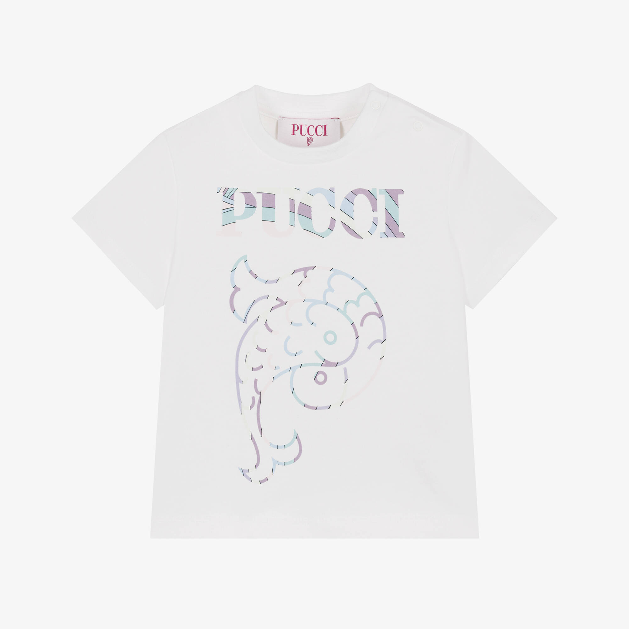 PUCCI - Girls White Cotton T-Shirt with Fish Motif | Childrensalon