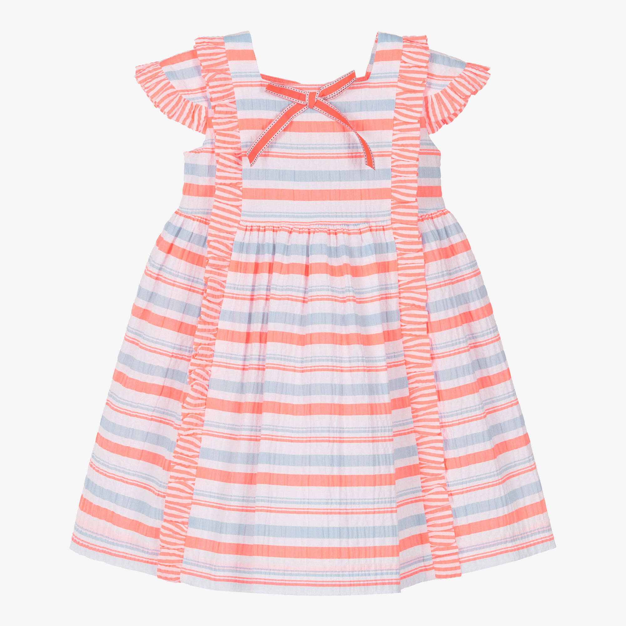 Rochy - Girls Neon Pink & Blue Stripe Frilly Seersucker Dress ...