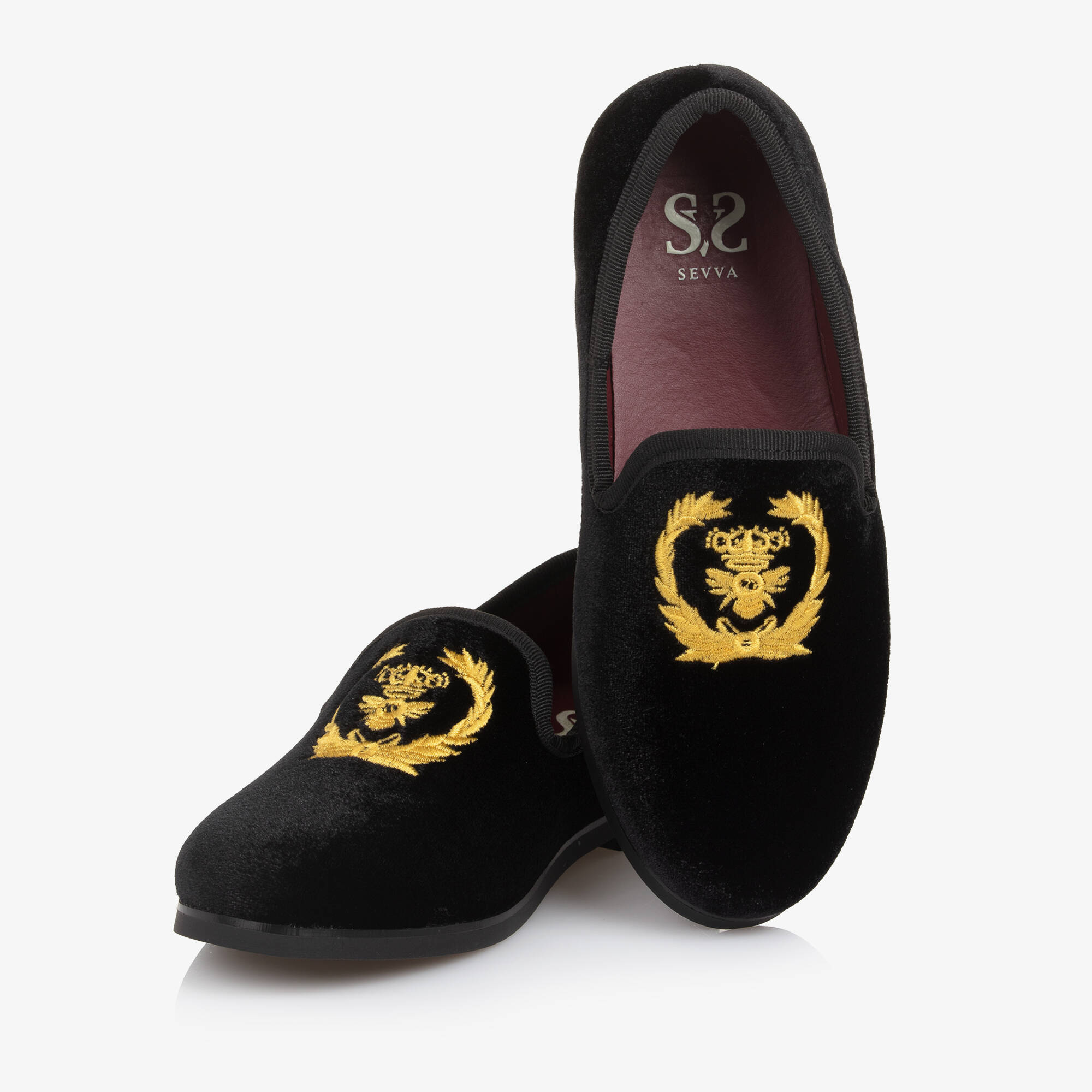 Sevva - Boys Black Velvet Crest Loafers | Childrensalon