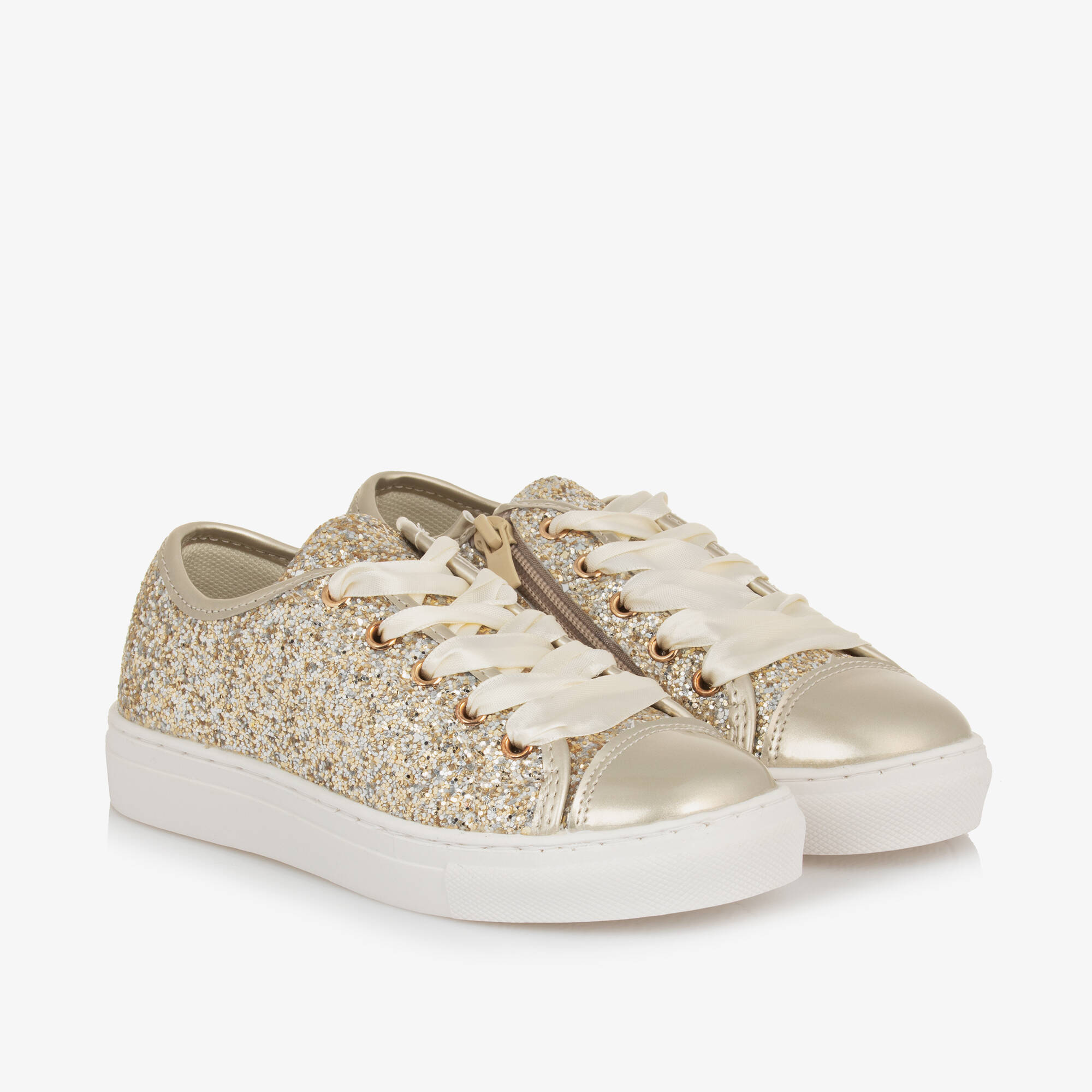 Sevva - Girls Gold Glitter Lace-Up Trainers | Childrensalon