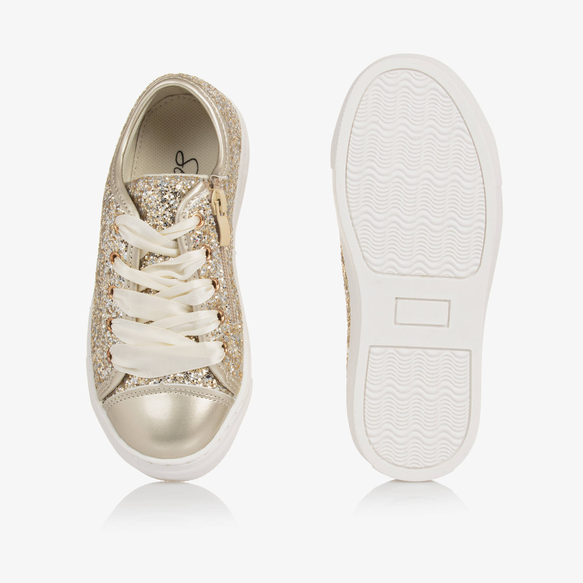 Sevva - Girls Gold Glitter Lace-Up Trainers | Childrensalon