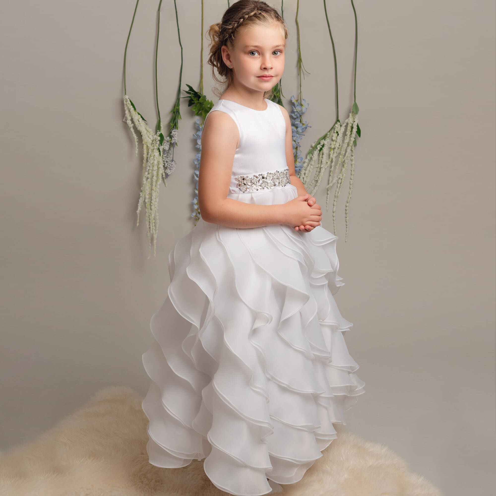 Sevva - Girls White Satin & Organza Dress | Childrensalon