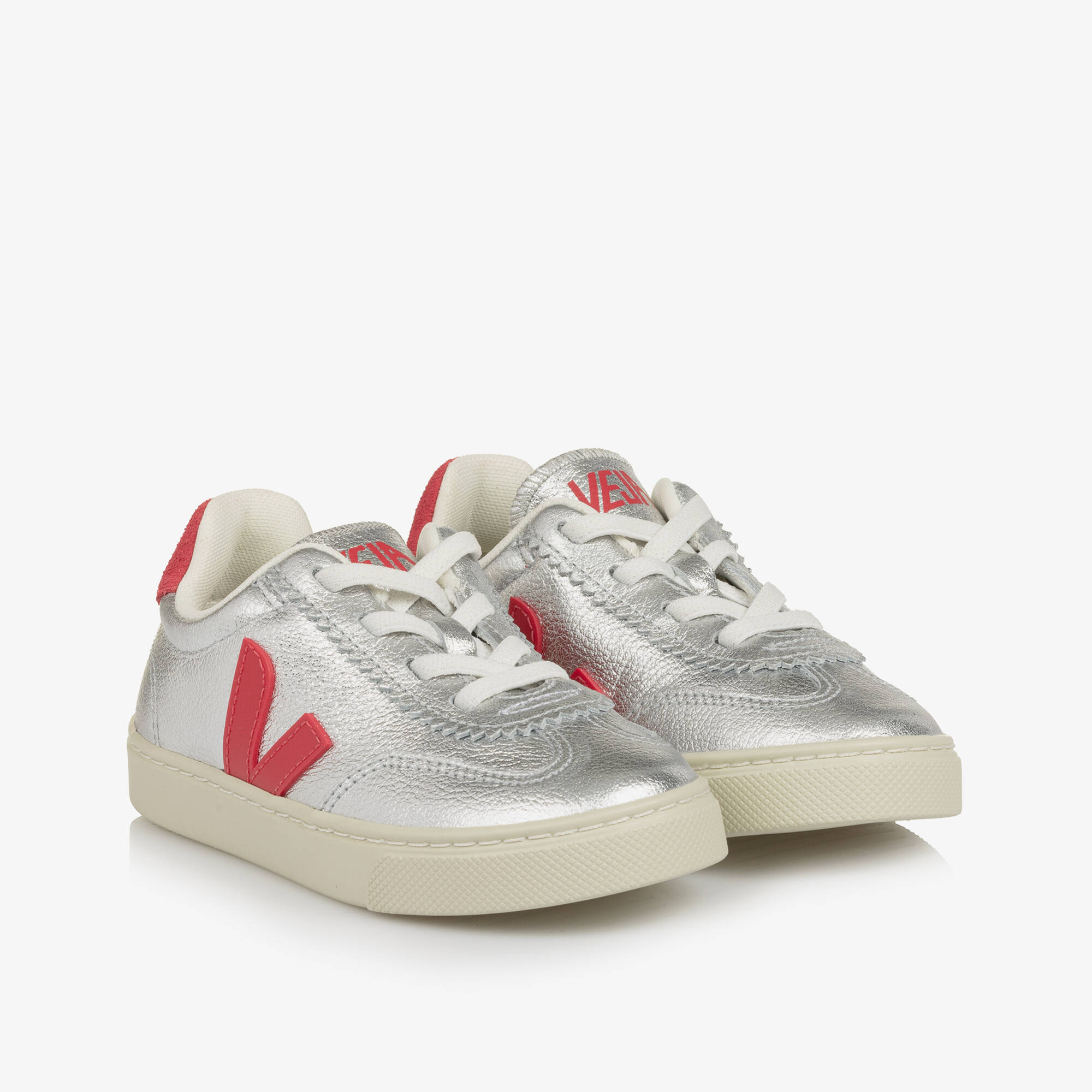 VEJA - Girls Metallic Silver & Red Leather Volley Trainers | Childrensalon