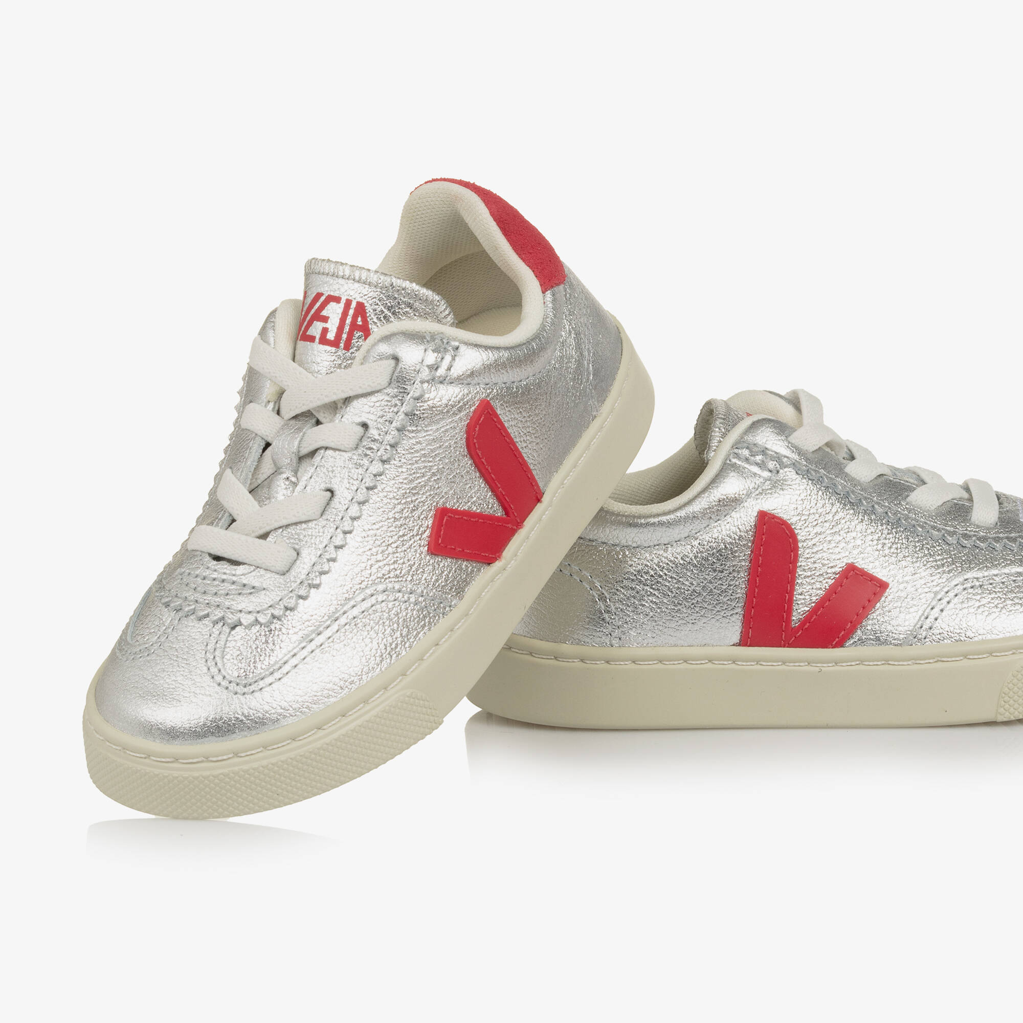 VEJA - Girls Metallic Silver & Red Leather Volley Trainers | Childrensalon