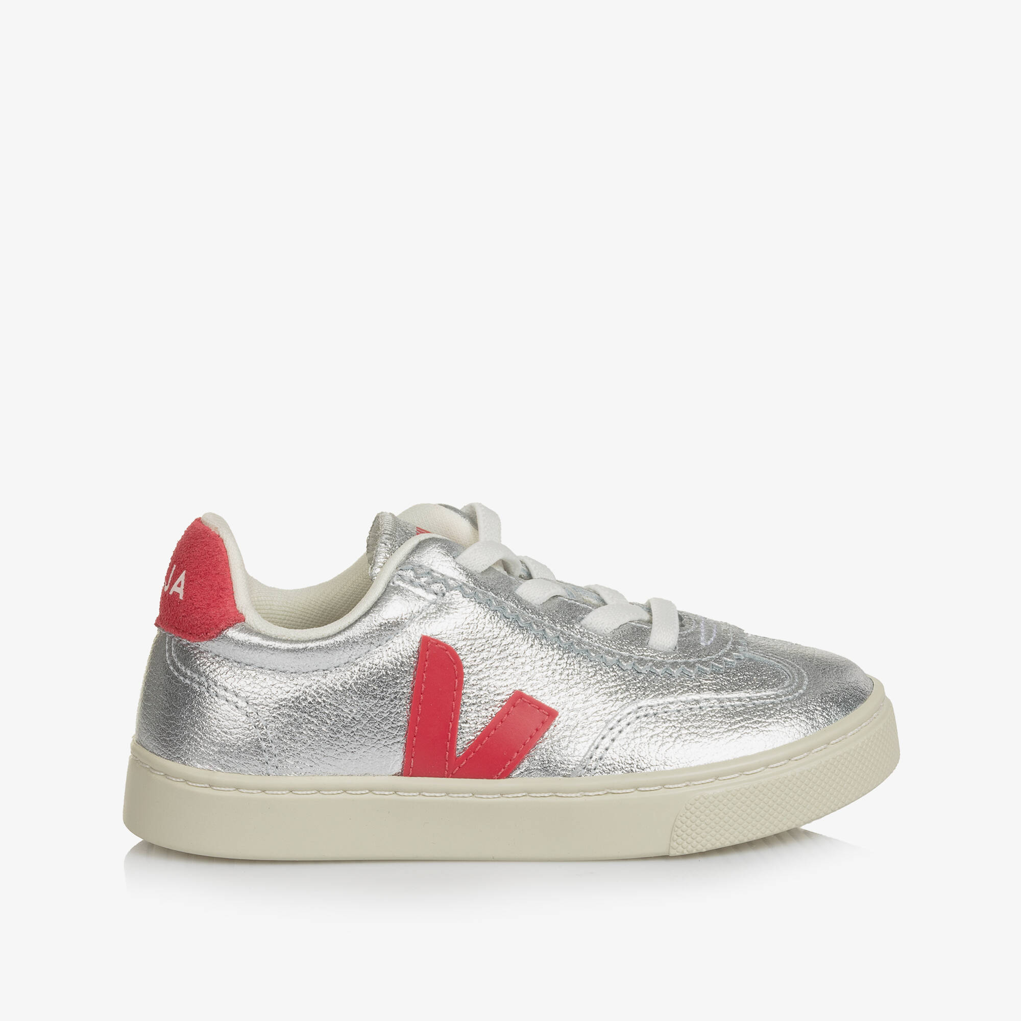 VEJA - Girls Metallic Silver & Red Leather Volley Trainers | Childrensalon