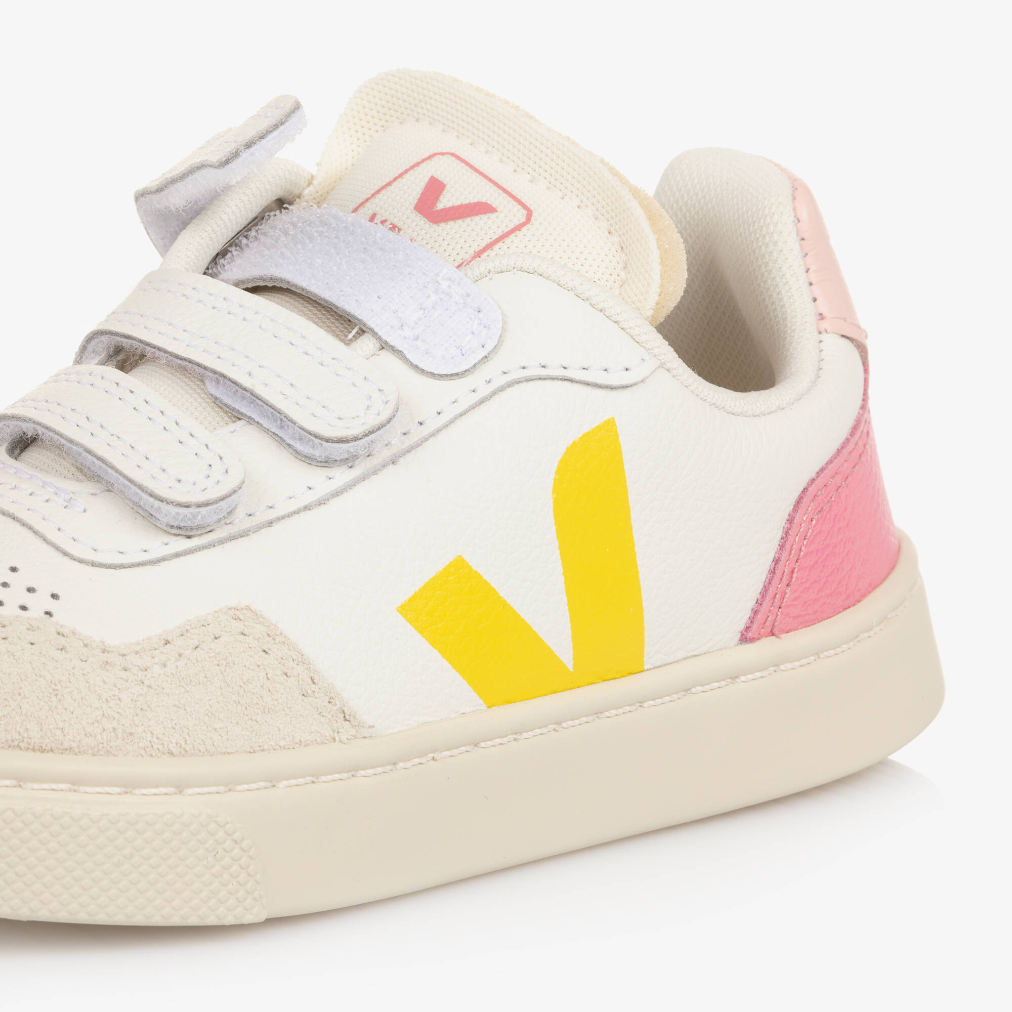 VEJA - Girls White Leather & Yellow V-90 Trainers | Childrensalon