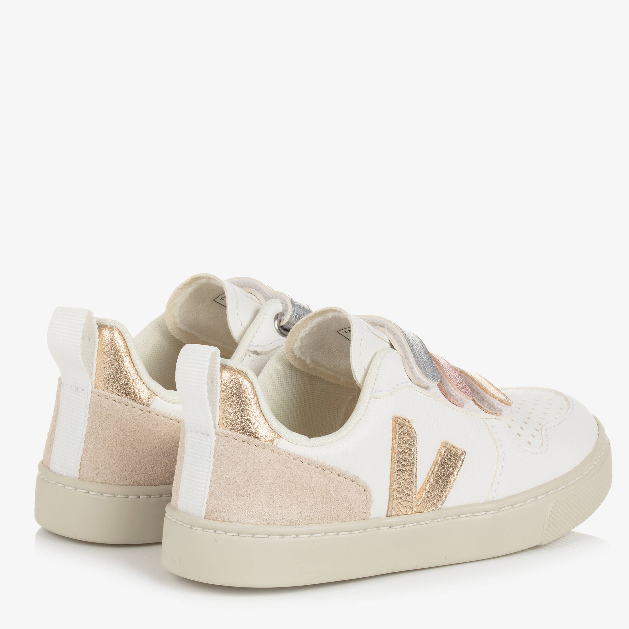VEJA - Girls White & Metallic Gold Leather V-10 Trainers | Childrensalon
