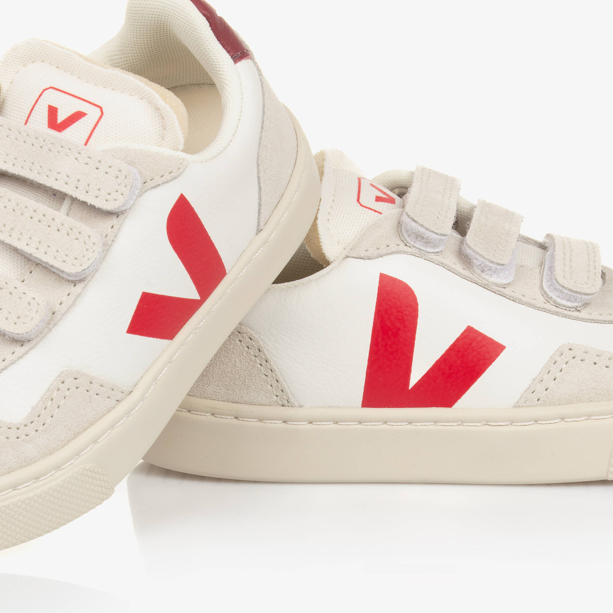 VEJA - White & Burgundy Red Leather V-90 Trainers | Childrensalon
