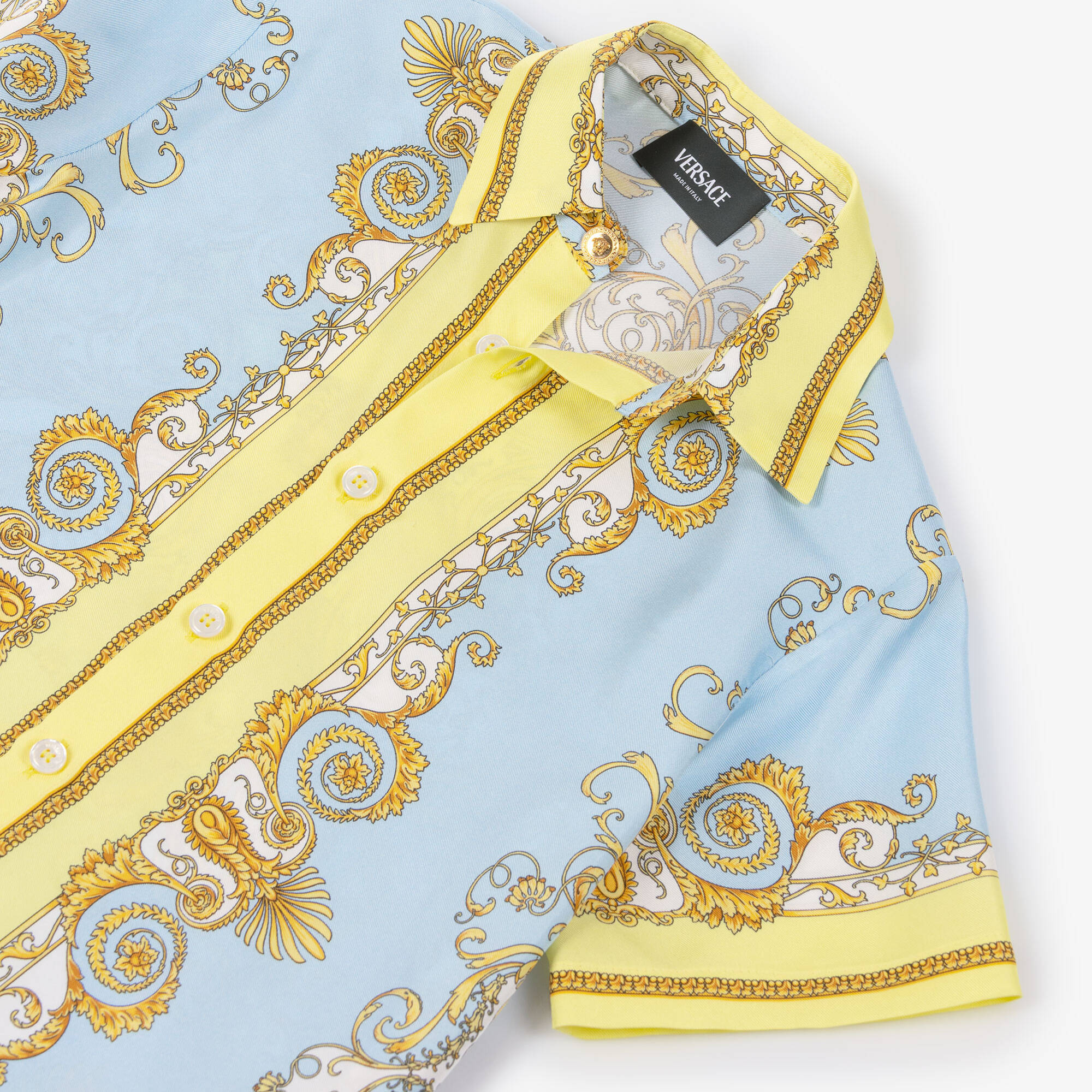 Versace - Boys Blue & Yellow Barocco Print Silk Shirt | Childrensalon