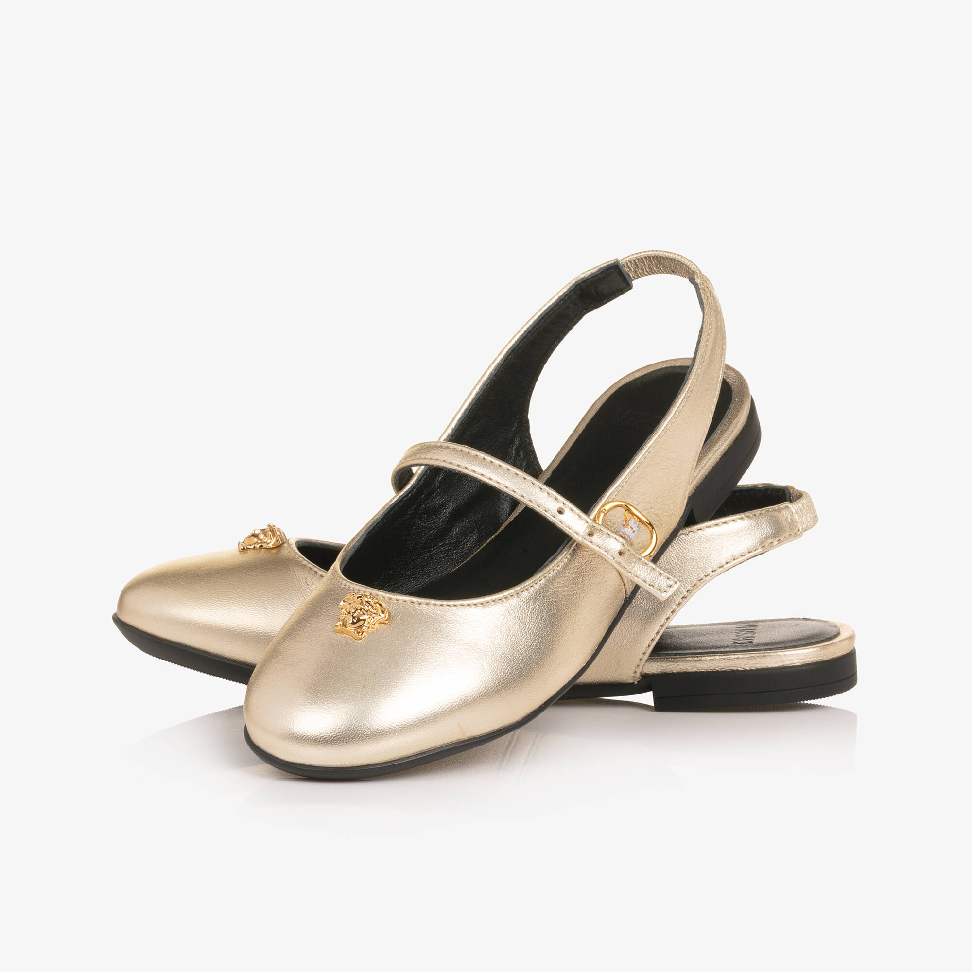 Versace - Girls Gold Leather Medusa Sling Back Ballerinas | Childrensalon