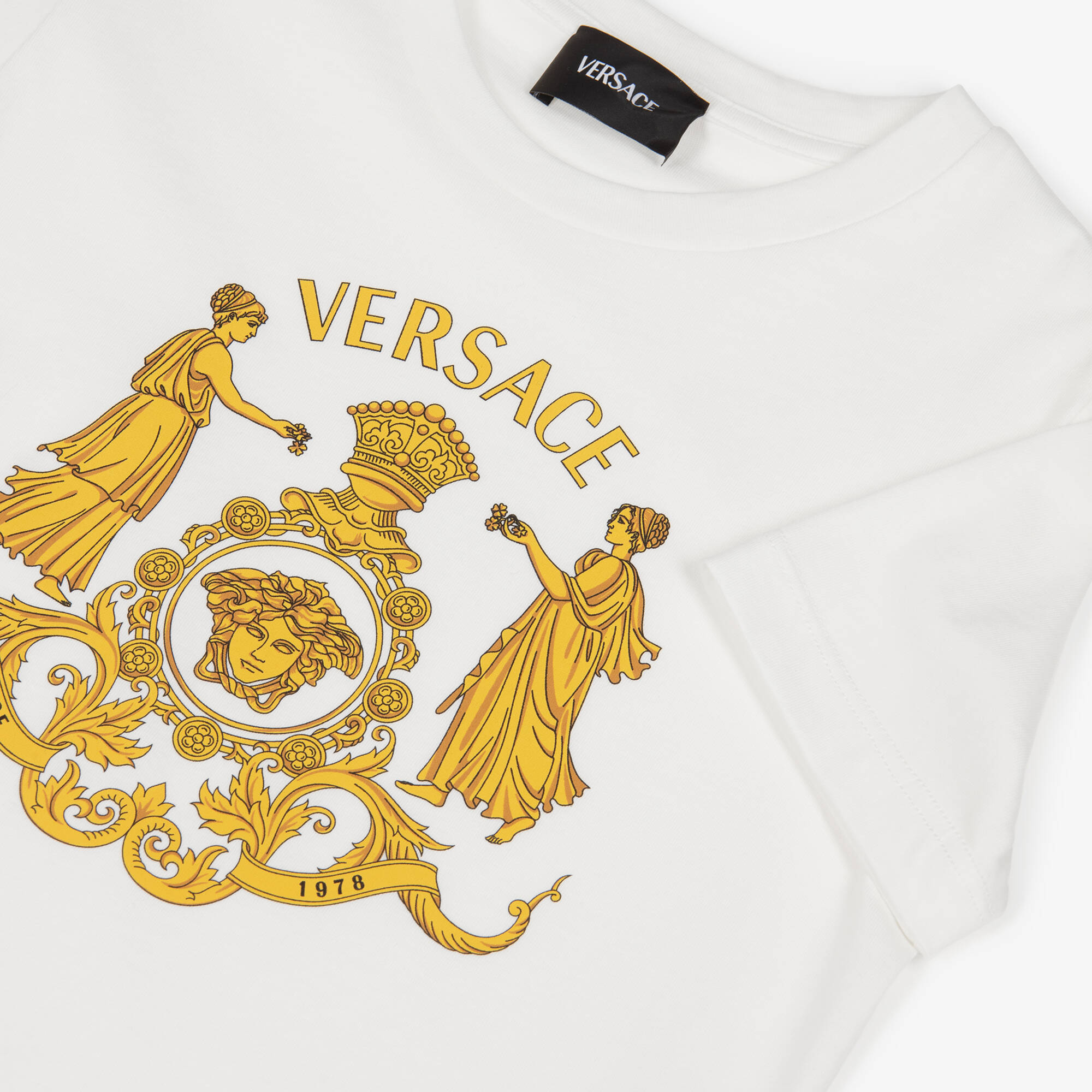 Versace - White Cotton T-Shirt with Gold Hall of Heroes Crest Logo ...