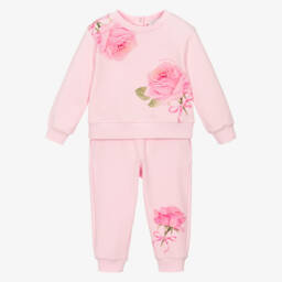 Monnalisa - Girls Pink Flower Print Tracksuit | Childrensalon