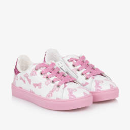 Monnalisa - Girls White Leather Barbie Trainers | Childrensalon