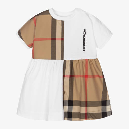 Burberry - Girls White & Blue Check Cotton Dress | Childrensalon