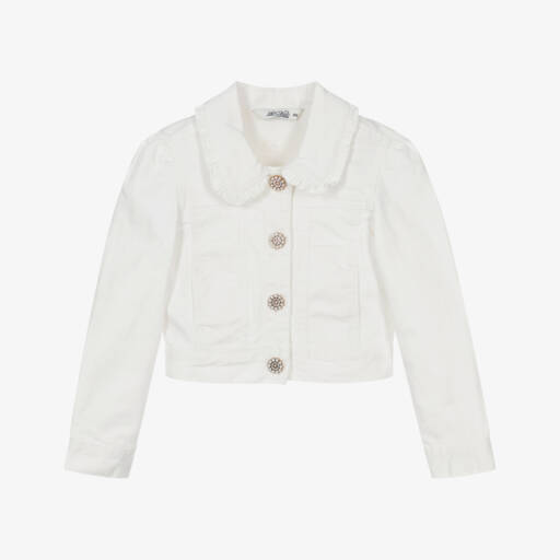 Le Chic - Girls White Ruffle Denim Jacket | Childrensalon