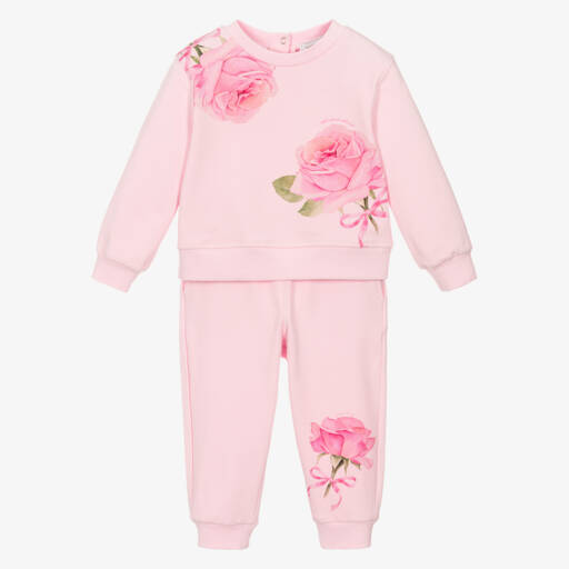 Monnalisa - Girls Pink Flower Print Tracksuit | Childrensalon