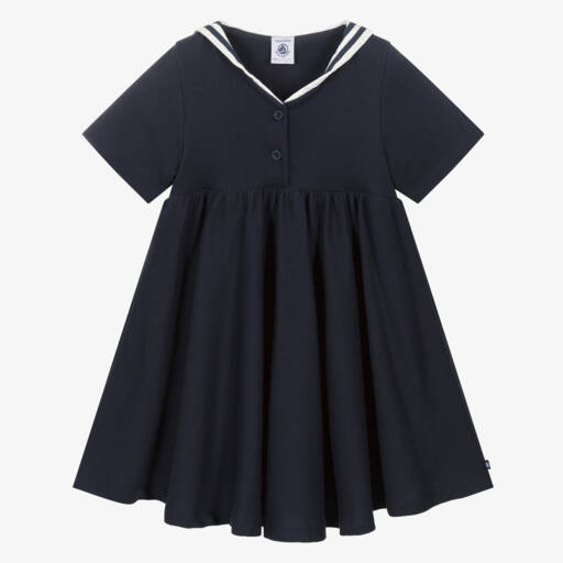 Petit Bateau - Girls Navy Blue Organic Cotton Sailor Dress | Childrensalon
